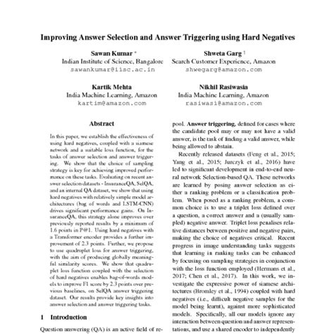Improving Answer Selection And Answer Triggering Using Hard Negatives Acl Anthology