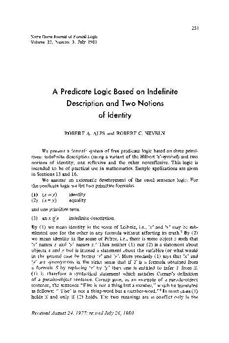 Pdf A Predicate Logic Based On Indefinite Description And Two Notions Of Identity