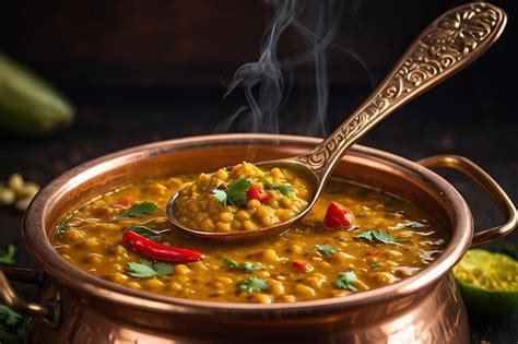 Spicy Dal Tadka In Copper Pot Premium Ai Generated Image