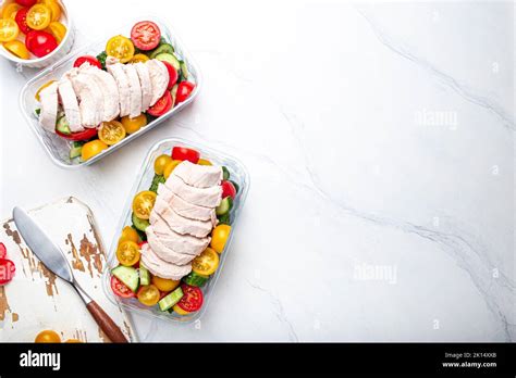 Meal Prep Lunch Boxes Containers With Chicken And Salad Top View Stock