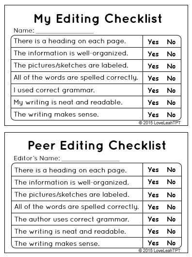 Self And Peer Editing Checklist For Pamphlets Grades 4 6 Editing