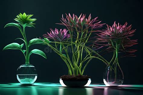 Botanical Marvel Glowing Flask Amidst Lush Darkness Stock Illustration