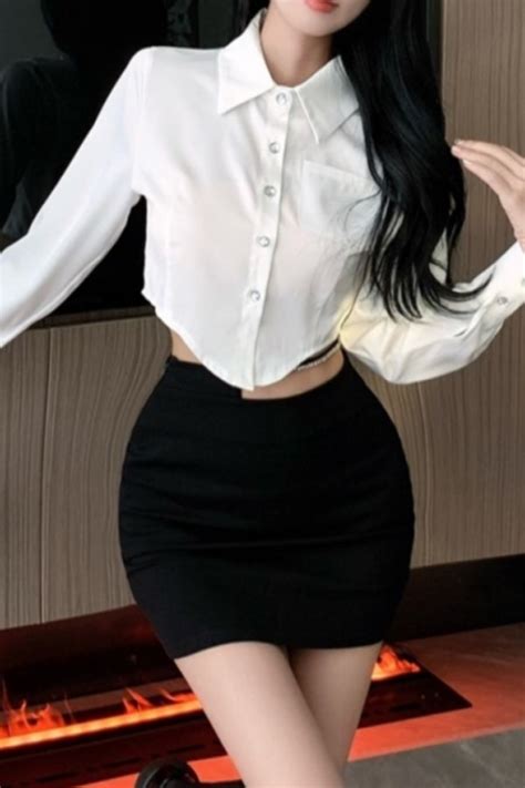 Set 어썸 긴소매 롱슬리브 슬리밍 숏 셔츠 보석 스트랩 미니 스커트 투피스 세트