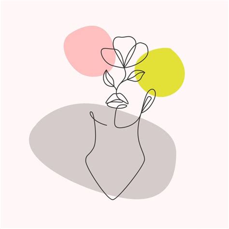Rosto de mulher e flores em estilo de arte de linha mínima Vetor Premium