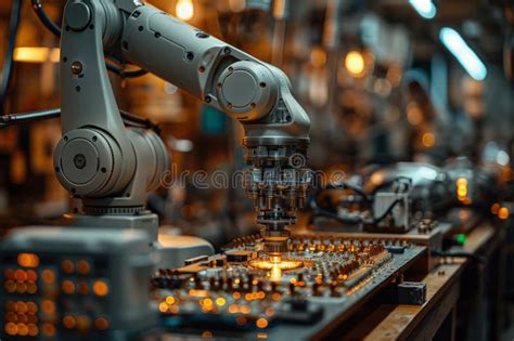 A Robotic Arm Is Assembling A Motherboard In An Engineering Factory