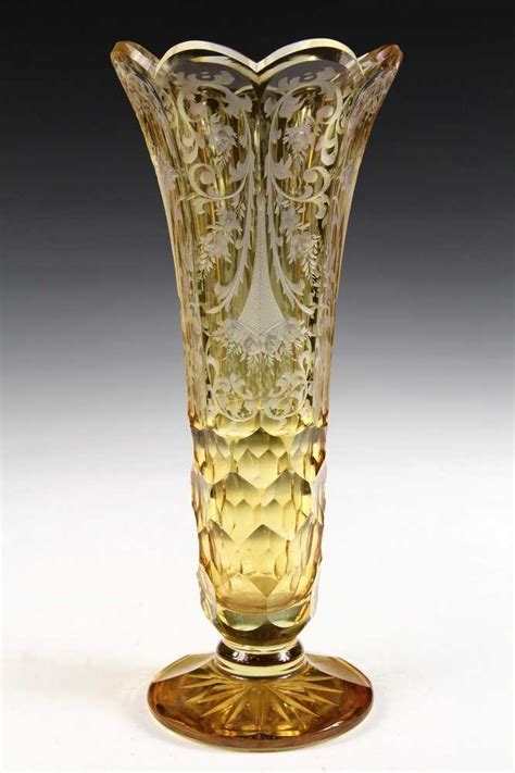 Art Glass Vase Bohemian Amber Cut To Clear Tall Vase