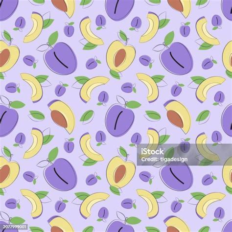 Seamless Pattern With Plum In Flat Cartoon Design Plum Pattern For Fabric Cards Wallpaper Stock