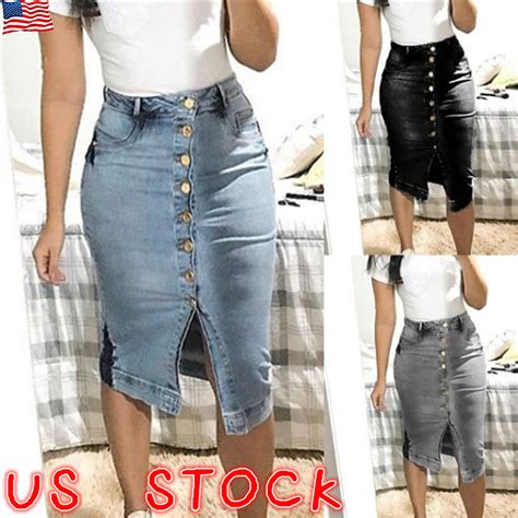 Plus Size Womens Denim Jeans Skirt High Waist Pencil Bodycon Button