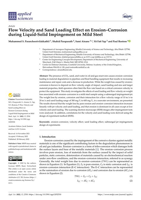 Pdf Flow Velocity And Sand Loading Effect On Erosioncorrosion During Liquid Solid Impingement