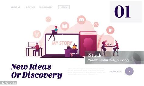 전기 방문 페이지 템플릿을 작성하는 작은 사람들 내 이야기 비문과 거대한 노트북 라디오 호스트 인터뷰 스튜디오에서 유명한 사람 타자기에 여자 인쇄 책 만화 벡터