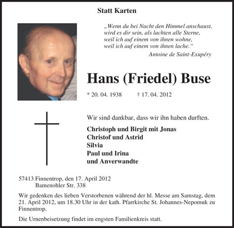 Traueranzeigen Von Hans Buse Trauer In NRW De