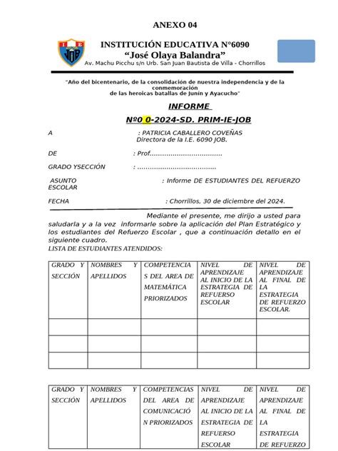 Informe De Refuerzo Escolar 2024 Pdf Aprendizaje