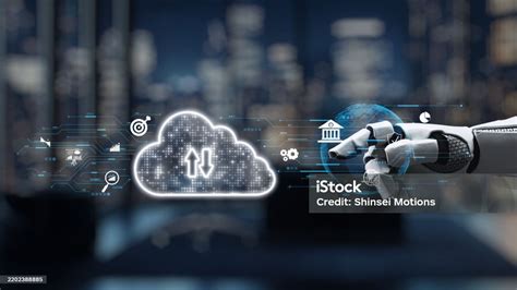 미래 지향적 인 로봇 손은 현대 도시 환경에서 디지털 클라우드 및 데이터 아이콘과 상호 작용하며 자동화 및 혁신의 기술