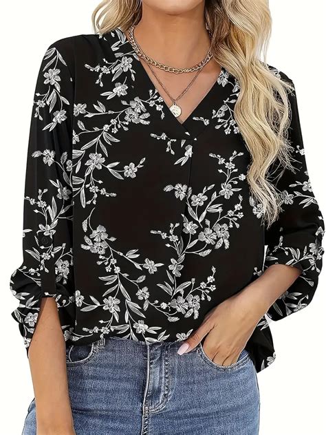 Floral Print V Neck Blouse Elegant Long Sleeve Blouse Spring Temu