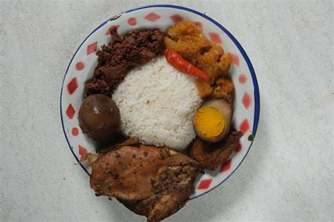 Nasi Gudeg Krecek은 가공된 어린 잭프루트 코코넛 밀크 향신료 두부 계란 및 닭고기로 만든 쌀과 구데그입니다 족자