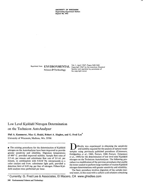 Pdf Low Level Kjeldahl Nitrogen Determination On The Technicon