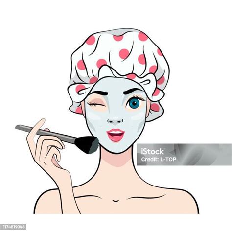 아름다운 소녀는 브러시 얼굴 마스크를 둔다 벡터 일러스트레이션 샤워 모자에 대한 스톡 벡터 아트 및 기타 이미지 샤워 모자