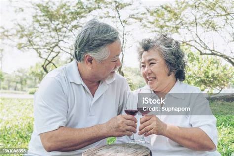 행복한 사랑 노인 부부는 와인 잔을 들고 미소 노인 부부 노인과 노인 은 결혼 기념일을 축하 숲에서 휴식 라이프 스타일 시니어