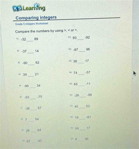 Solved Learning Comparing Integers Grade 5 Integers Worksheel Compare The Numbers By Using O