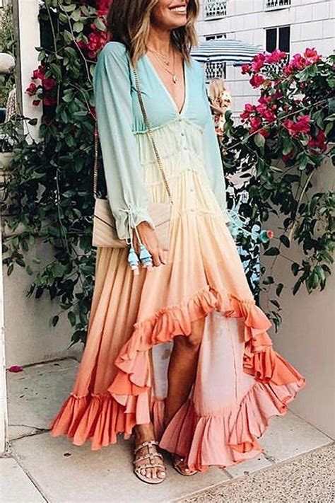 US 53 39 Rainbow Color High Low Boho Maxi Swing Dress Zicopop