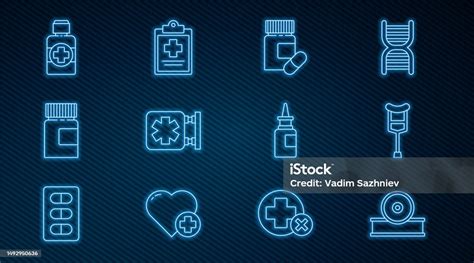 세트 라인 이비인후과 머리 반사경 약병 및 알약 응급 의료 상징 병 약 시럽 비강 스프레이 및 임상 기록 아이콘이 있는 클립보드