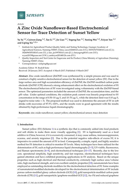 Pdf A Zinc Oxide Nanoflower Based Electrochemical Sensor For Trace Detection Of Sunset Yellow