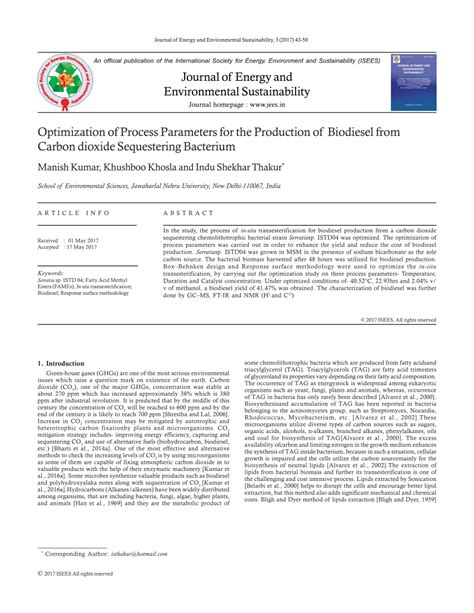 Pdf Optimization Of Process Parameters For The Production Of Biodiesel From Carbon Dioxide