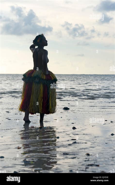 Yapese Girl In Grass Skirt On The Beach Yap Island Federated States