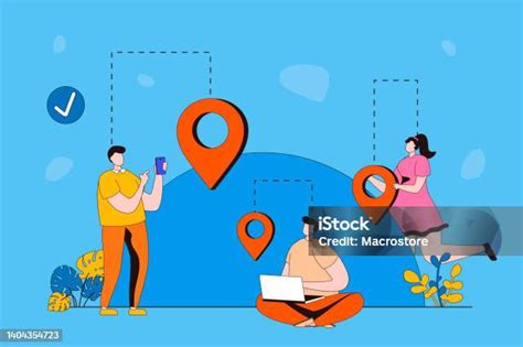 플랫 2d 디자인의 지리적 위치 웹 개념 스마트 폰 또는 랩톱 용 앱에서 핀 위치 검색 대상 및 거리와 함께 Gps 네비게이션을 사용하는 남성과 여성 사람 장면이 있는 벡터