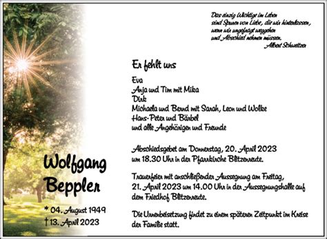 Traueranzeigen Von Wolfgang Beppler Schwaebische De Trauerportal