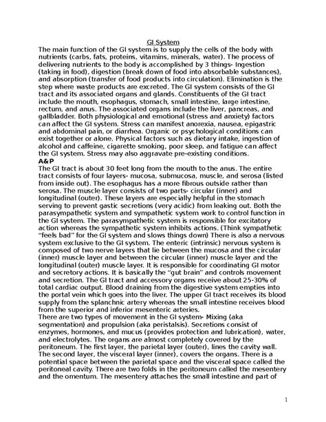 Chapter 39 GI System GI System The Main Function Of The GI System Is To Supply The Cells Of