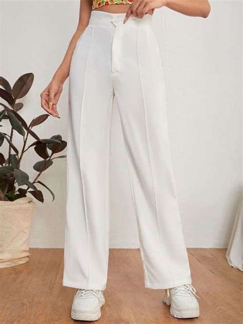 SHEIN PETITE Botão Bolso Zíper Simples Calças de terno feminino White pants women White pants