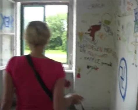 Mischievous Light Haired German Girl Pleasing Long Rods Outdoors