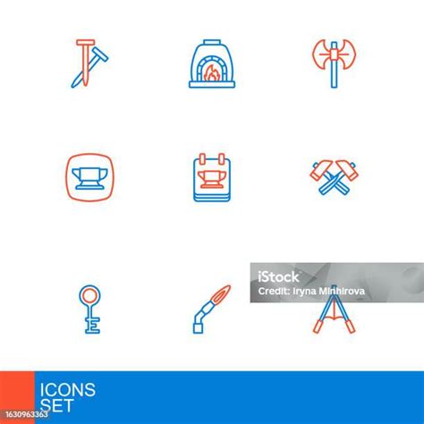 세트 라인 송풍기 벨로우즈 용접 토치 오래된 열쇠 교차 망치 대장장이 모루 도구 중세 장대 도끼 및 오븐 아이콘 벡터 강철에 대한 스톡 벡터 아트 및 기타 이미지 Istock