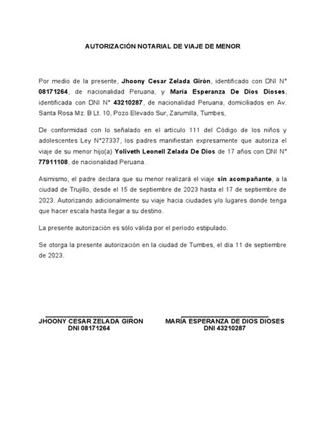 Autorizacion Notarial De Viaje Para Menores De Edad Pdf Gobierno Y