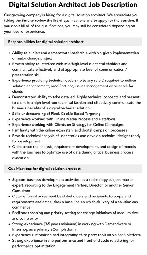 Digital Solution Architect Job Description Velvet Jobs