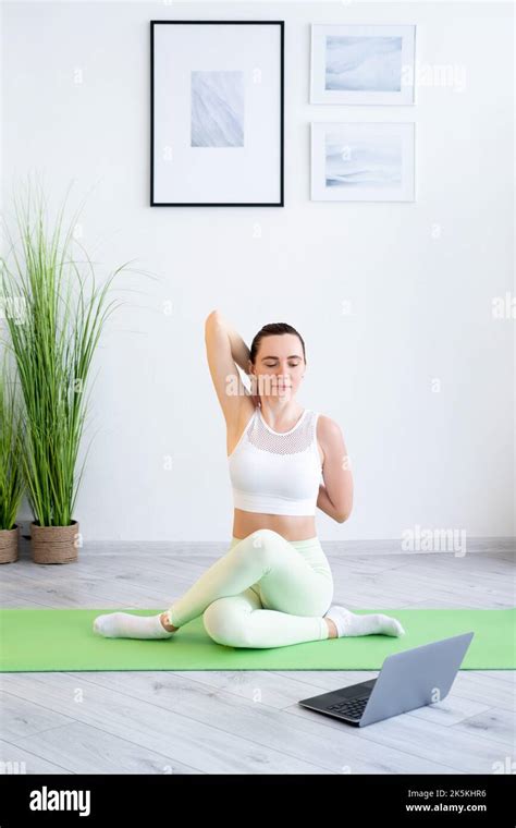 Yoga Class Tutorial Online Training Woman Laptop Stock Photo Alamy