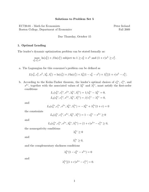Mathematics For Economists Solutions To Problem Set 5 Ec 720 Assignments Economics Docsity