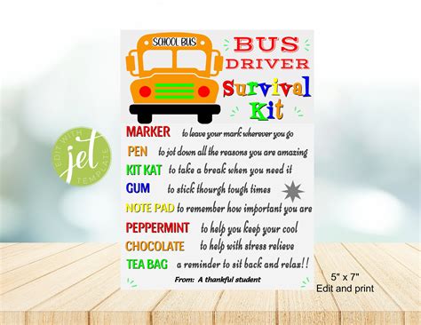 Editable Bus Driver Survival Kit Bus Driver Printable Instant