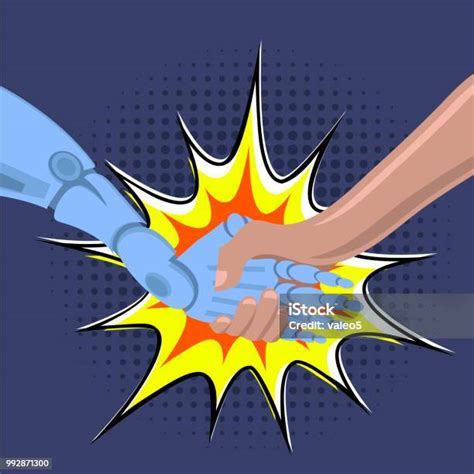 로봇 팔을 떨고입니다 남성 로봇 고 인간의 악수와 함께 손을 잡고 합니다 인공 지능 기술 밀크 셰이크에 대한 스톡 벡터 아트 및