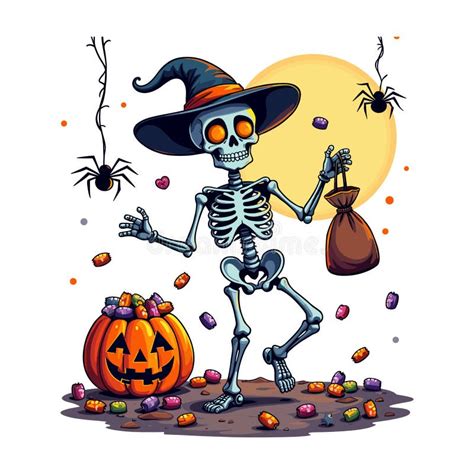 A Dancing Skeleton Wearing A Witch Hat Holding A Candy Bag Surrounded