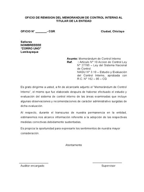 Formato De Memorándum De Control Interno 1 Recursos Humanos