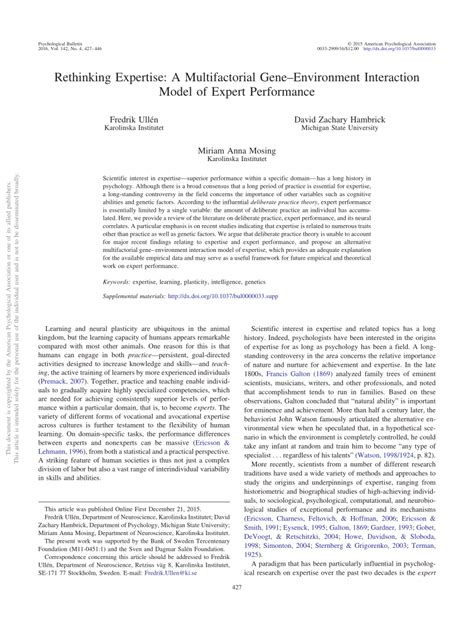 Rethinking Expertise A Multifactorial Gene Environment Interaction Model Of Expert Performance