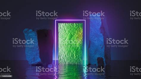 3d 렌더링 네온 직사각형 프레임과 바위 자갈 돌 폐허와 추상적 인 배경은 반사와 함께 물 속에 서있다 제품 프레젠테이션을 위한