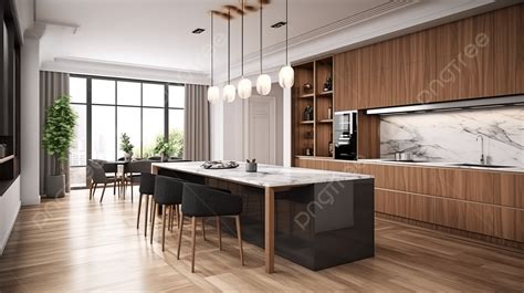 나무에 대리석 조리대가 있는 현대적인 주방 디자인 다이닝 인테리어가 있는 3d 렌더링 럭셔리 오픈 키친 고화질 사진 사진