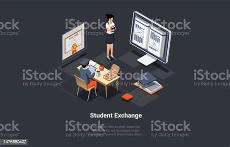 학생 교환 취업 및 여행 프로그램 유학을 위해 국가를 선택하는 소년 교환 학생은 책상에 앉아 피자를 먹습니다 인터넷 교육 과정 학위 아이소메트릭 3d 벡터 그림 3차원