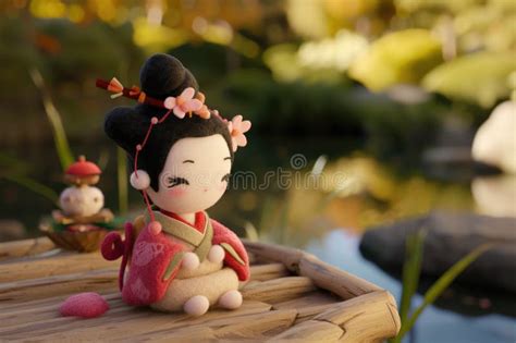 A Small Figurine Of A Geisha Doll Stands Against A Blurred Traditional