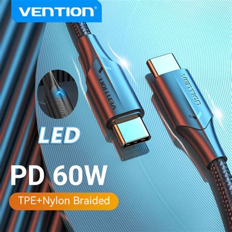 Vention Usb Type C เพื่อพิมพ์ C เคเบิ้ล Pd 60วัตต์พร้อม Led ค่าใช้จ่าย