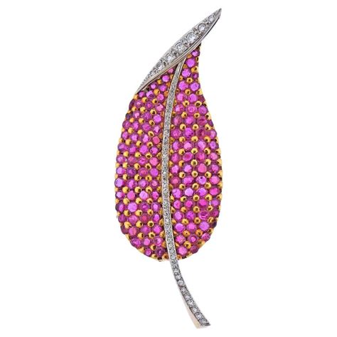 Ruby Diamond Gold Leaf Brooch Pin For Sale At 1stdibs