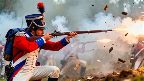 Revolutionary War Soldier Firing A Musket During A Battle Reenactment